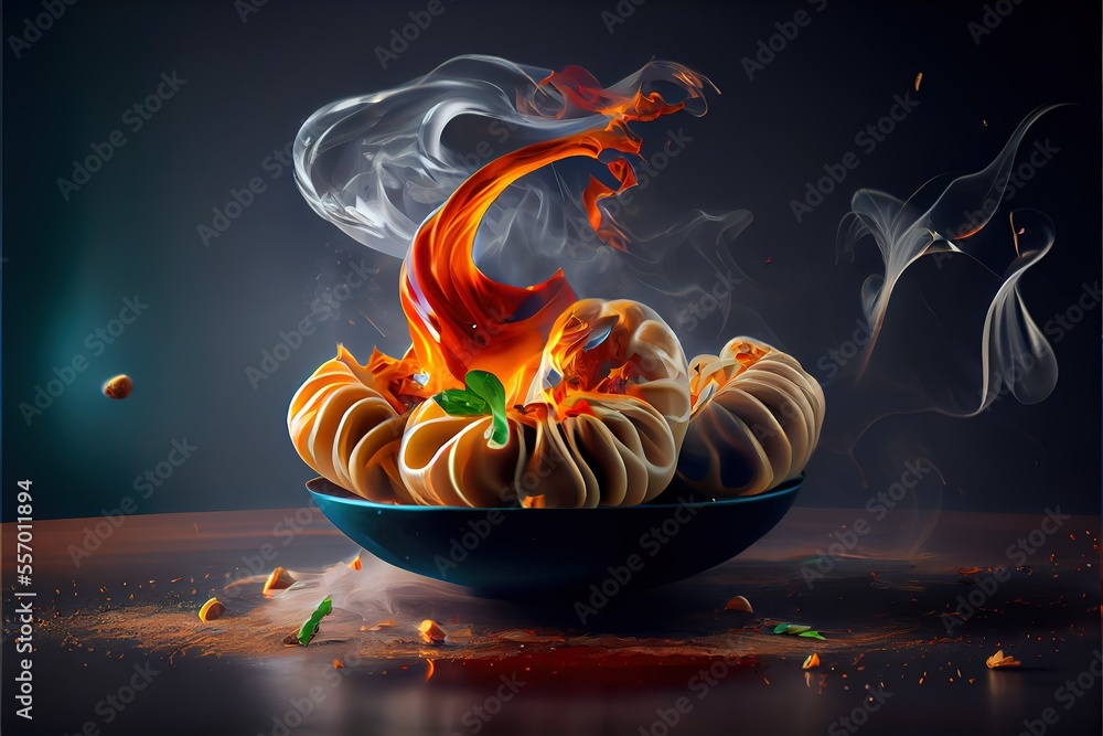 Hot momos with cheese splashing, cheesy, spicy, hot flaming, smoked ...