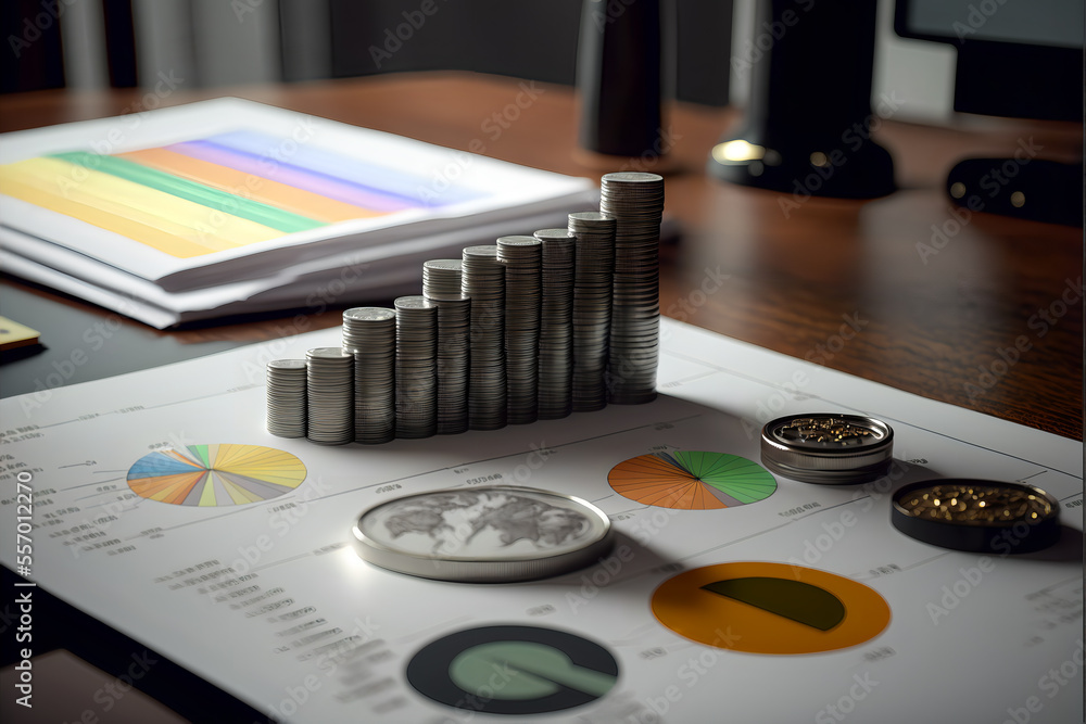 Coin Stacks And Chart Graphs On A Desk Stock Illustration | Adobe Stock