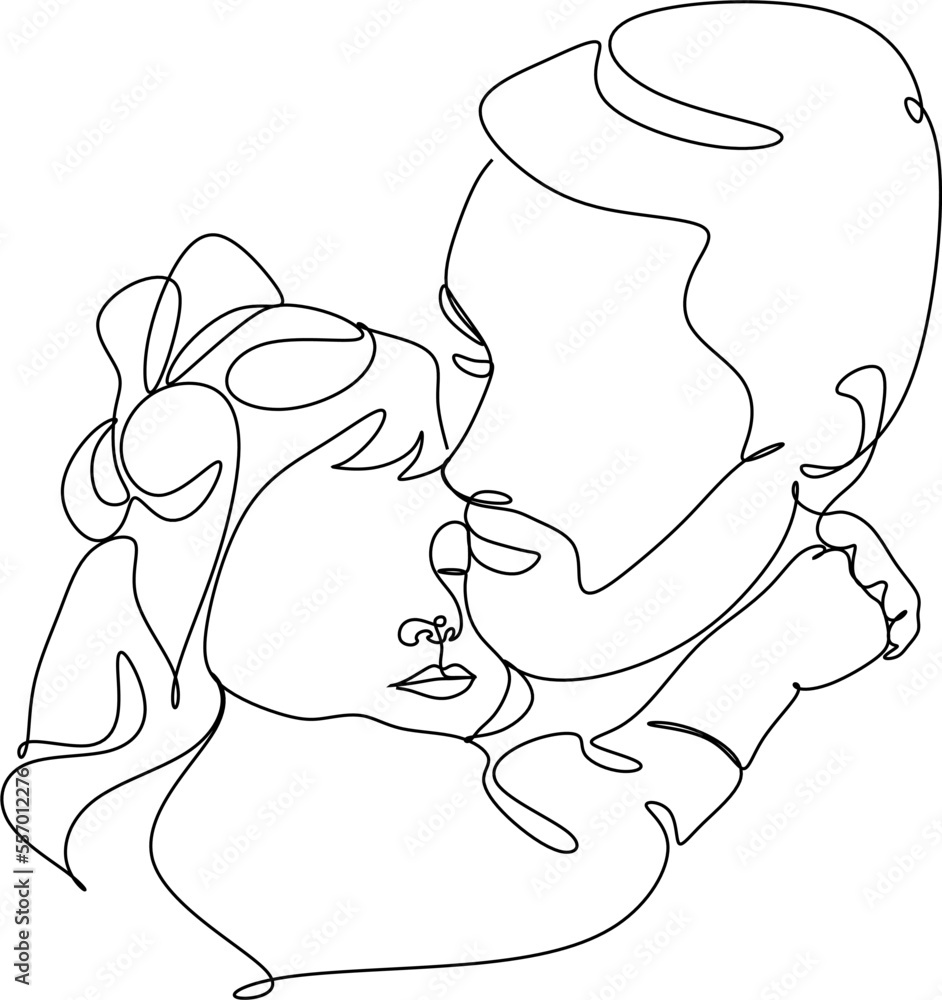 Continuous line drawing. Happy young father hugging his little daughter ...