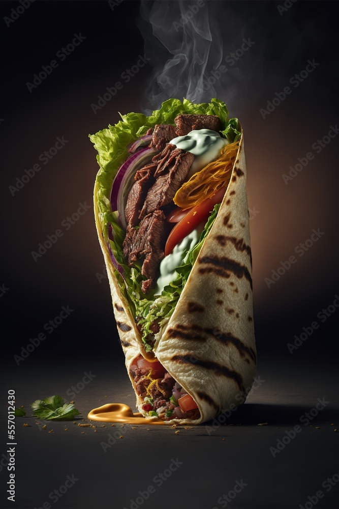 Grilled shawarma, shawarma, shawarma with fire flames, Generative AI ...