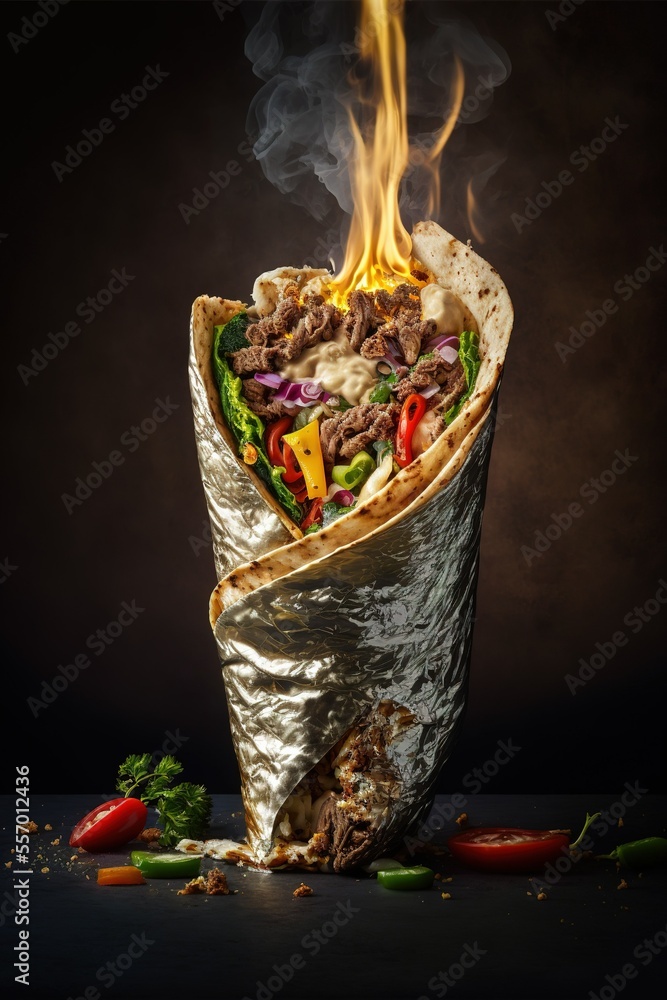 Grilled shawarma, shawarma, shawarma with fire flames, Generative AI ...