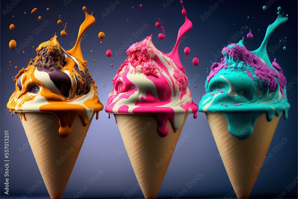three ice cream cones with different colors of ice cream in them ...
