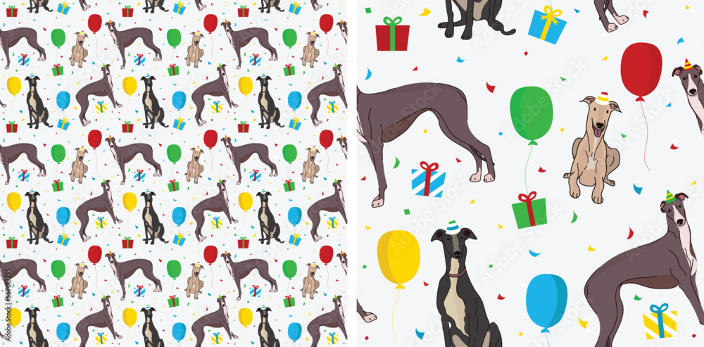 Happy Birthday Pattern with Greyhound dog in a party hat, seamless ...