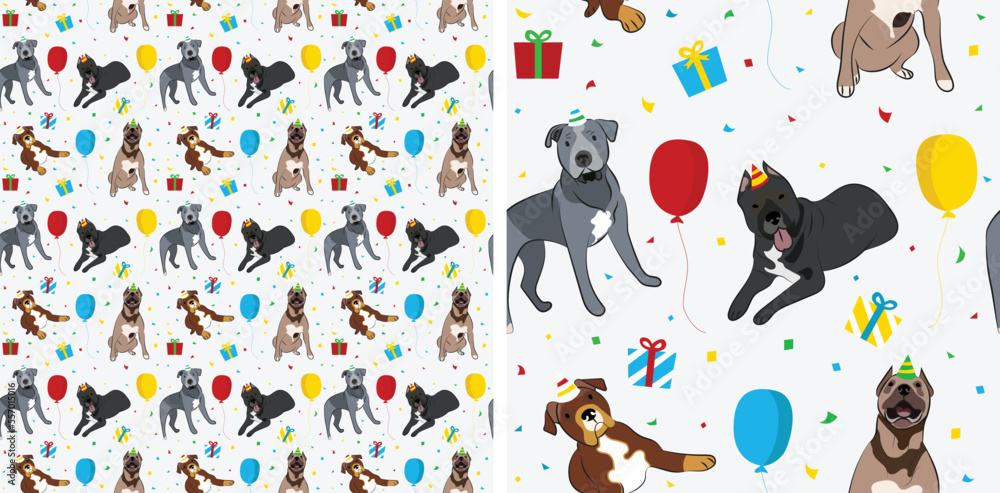 Happy Birthday Pattern with Pit Bull dog in a party hat, seamless ...