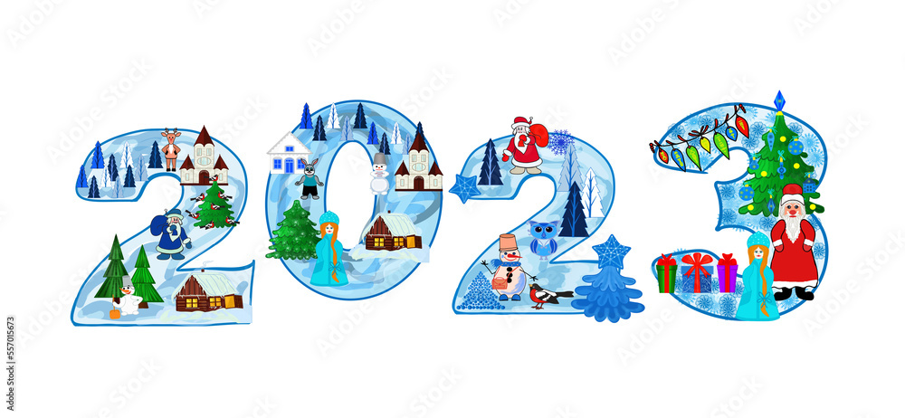 2023, numbers with objects, New Year's theme, color cartoon drawing, on ...