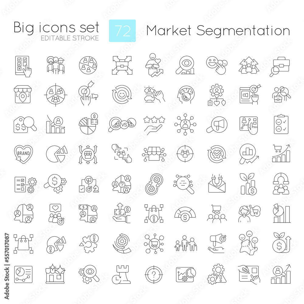 Marketing segmentation linear icons set. Commercial strategy. Target audience. Customizable thin ...
