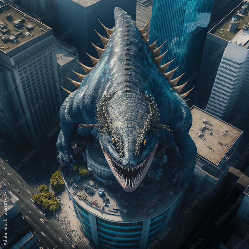 An aerial view of a godzilla in a giant fish tank shaped like a tower ...