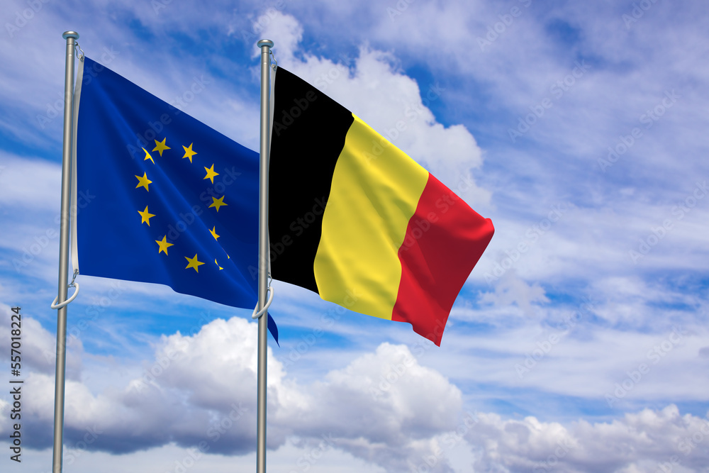 European Union and Kingdom of Belgium Flags Over Blue Sky Background ...