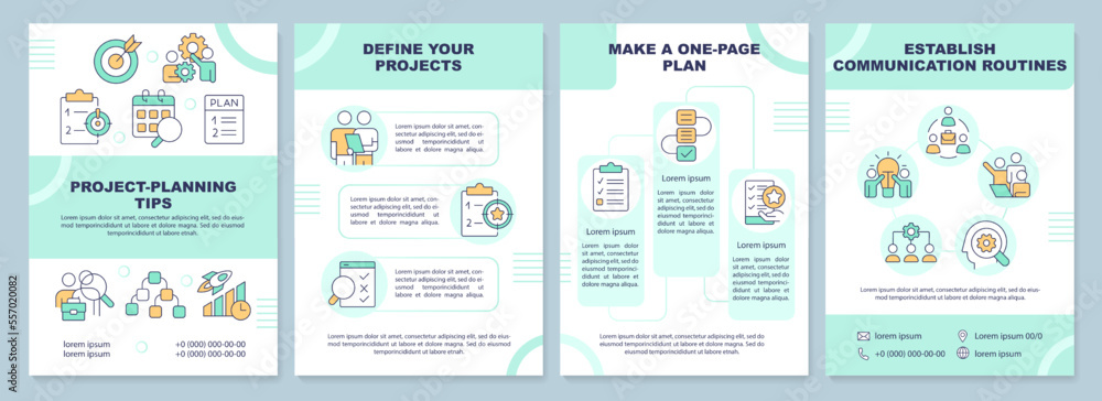 Project planning tips green brochure template. Management. Leaflet ...