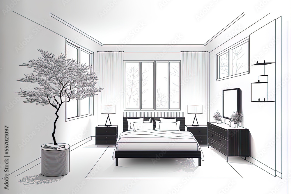 Line art interior scene of a cozy bedroom with furnishings, isolated on ...