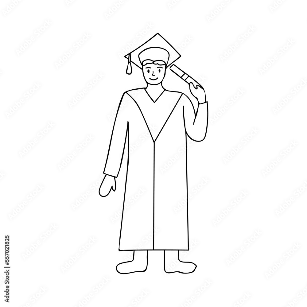 Vetor de Doodle illustration of young graduated man with mortar board ...