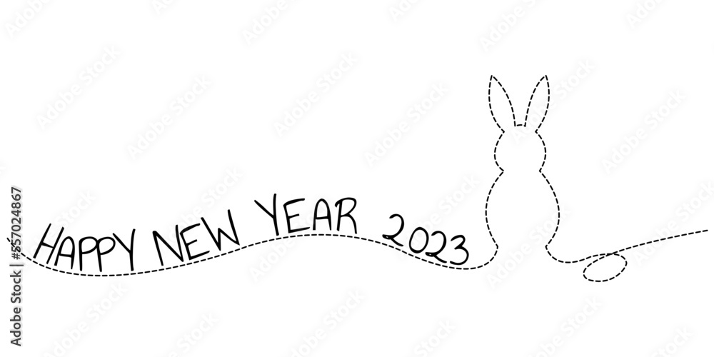 Happy New Year 2023 written on a dashed line drawing of a Rabbit vector ...