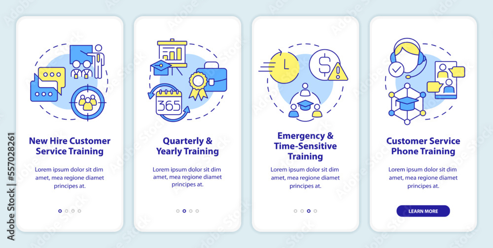 Customer service training types onboarding mobile app screen. Business ...