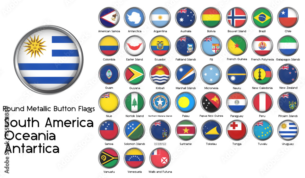 South american continent, oceania, and antarctica country flags with ...
