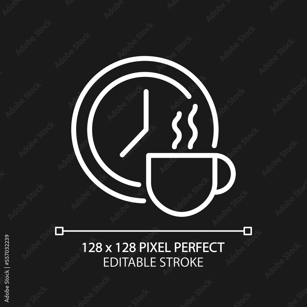 Break time pixel perfect white linear icon for dark theme. Scheduled ...
