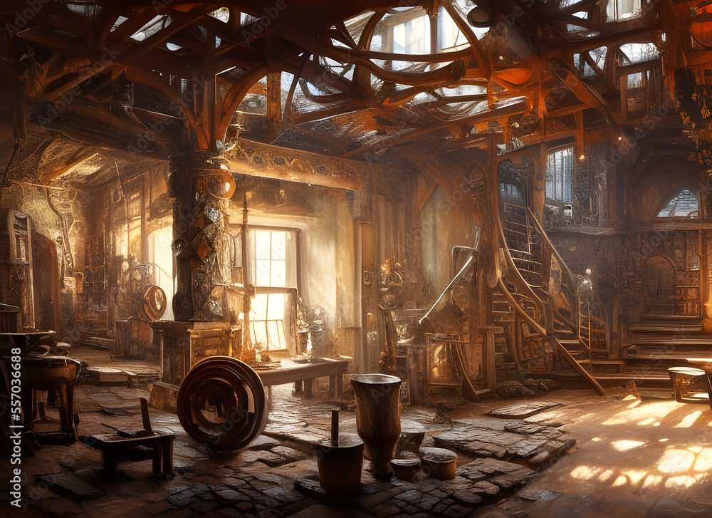 An old rustic Forge with crucibles and ironworking tools inside an ...