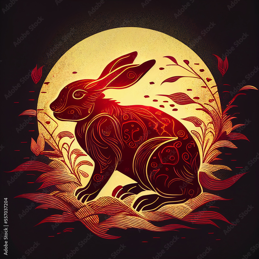 Black Rabbit Red Gold Leaf Chinese New Year Of The Rabbit Holiday ...