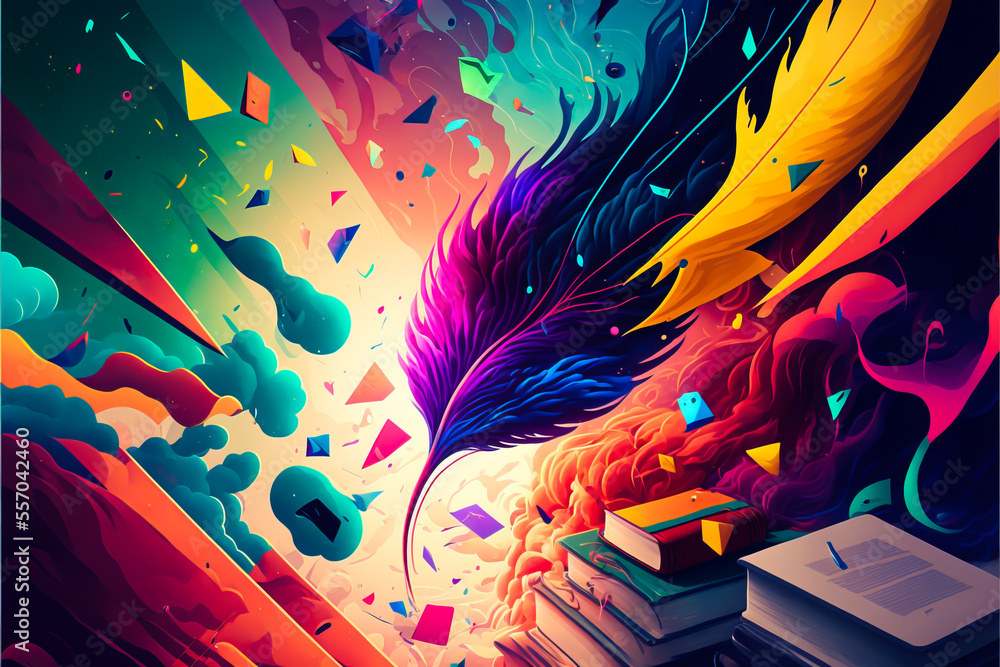 Colorful education background, feather pen, books and paper in rainbow ...