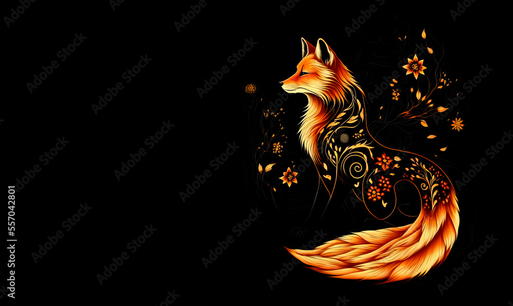 Magic fox in flames on black background. Fire kitsune on black ...