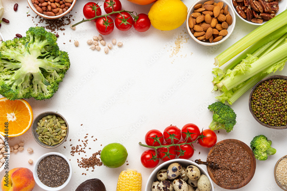 Food cooking background vegatables nuts roots and beans top view empty ...