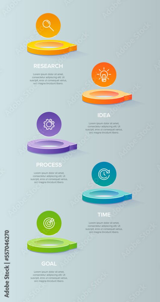 Vertical infographic design with icons and 5 options or steps. Thin ...