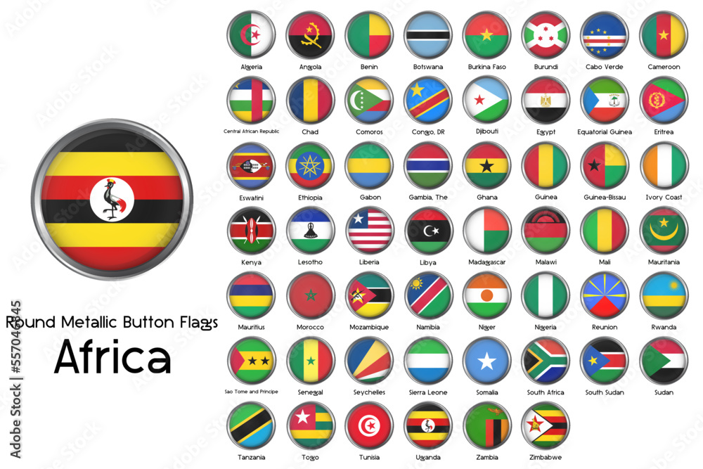 African continent country flags with round metallic button. Vector ...