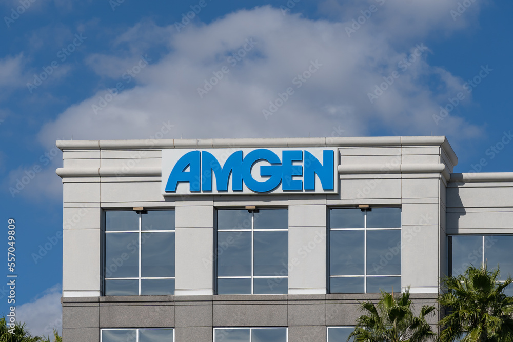 Tampa, FL, USA - January 8, 2022: Close up of Amgen sign on its office ...