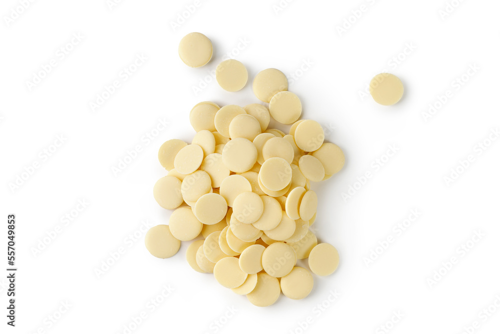 White chocolate drops or chips isolated on white background, cut out ...