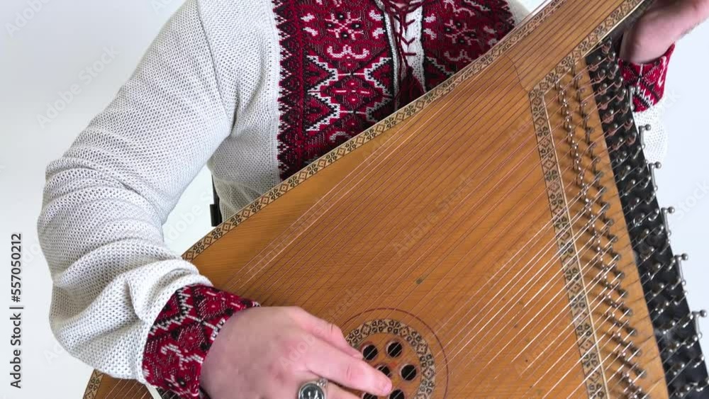 invalid handsome young man with kobza musical instrument in hands sits ...
