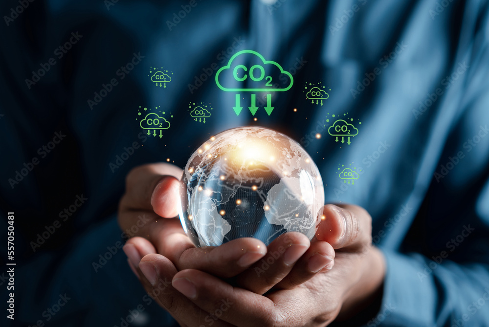 CO2 reducing icon on global earth decrease CO2 or carbon dioxide ...