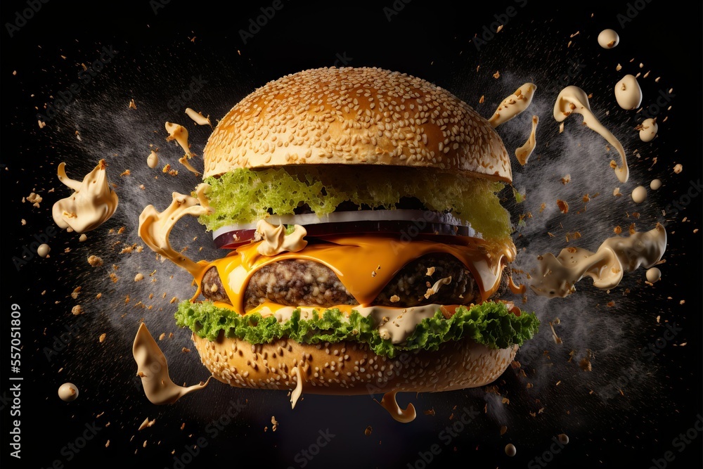 a exploding cheese burger, all burger parts flying around, dark ...
