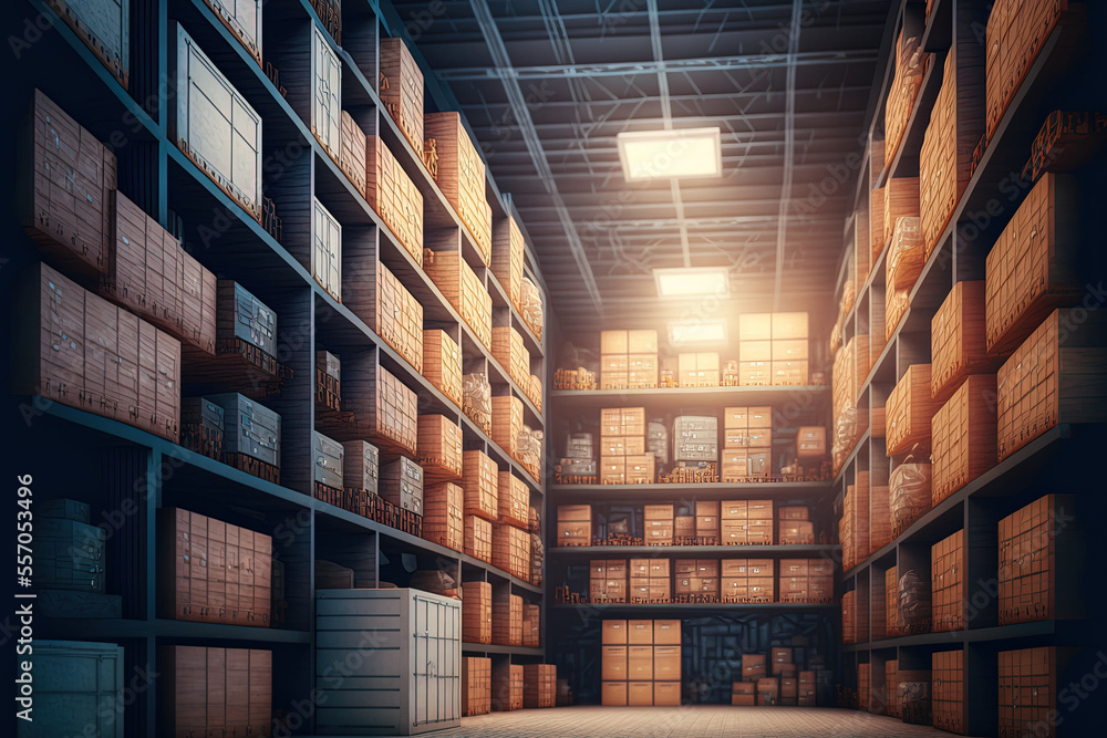cargo boxes on shelves in a warehouse filled with industrial items ...