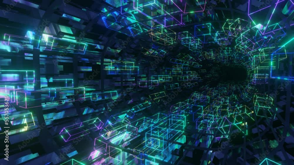 Glow boxes. 4k seamless looped animation. Fly through mirror tunnel ...