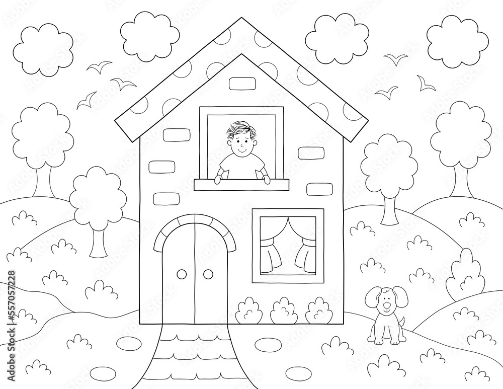 house and nature coloring page for kids. little boy looking out of a ...