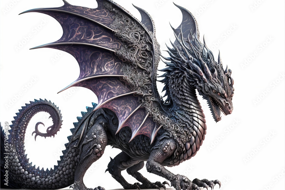 a black dragon statue sitting on top of a table next to a white wall ...