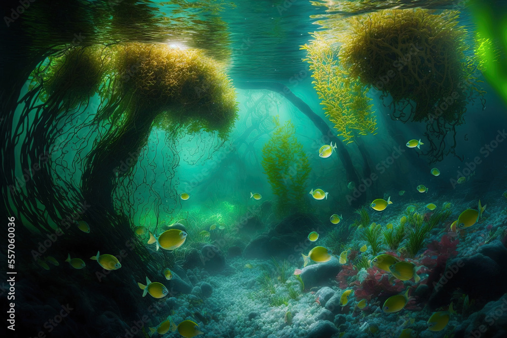 Algae, fresh water, a lake's underwater scenery, and green water are ...