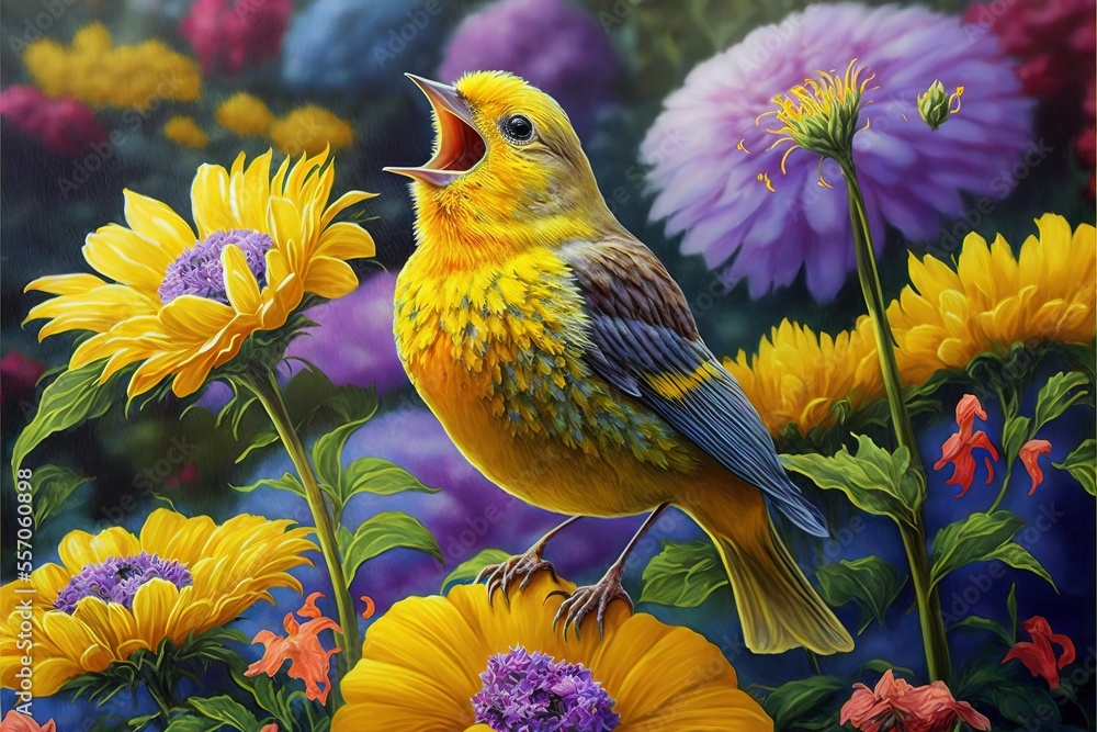 a painting of a bird singing in a field of flowers with a background of ...