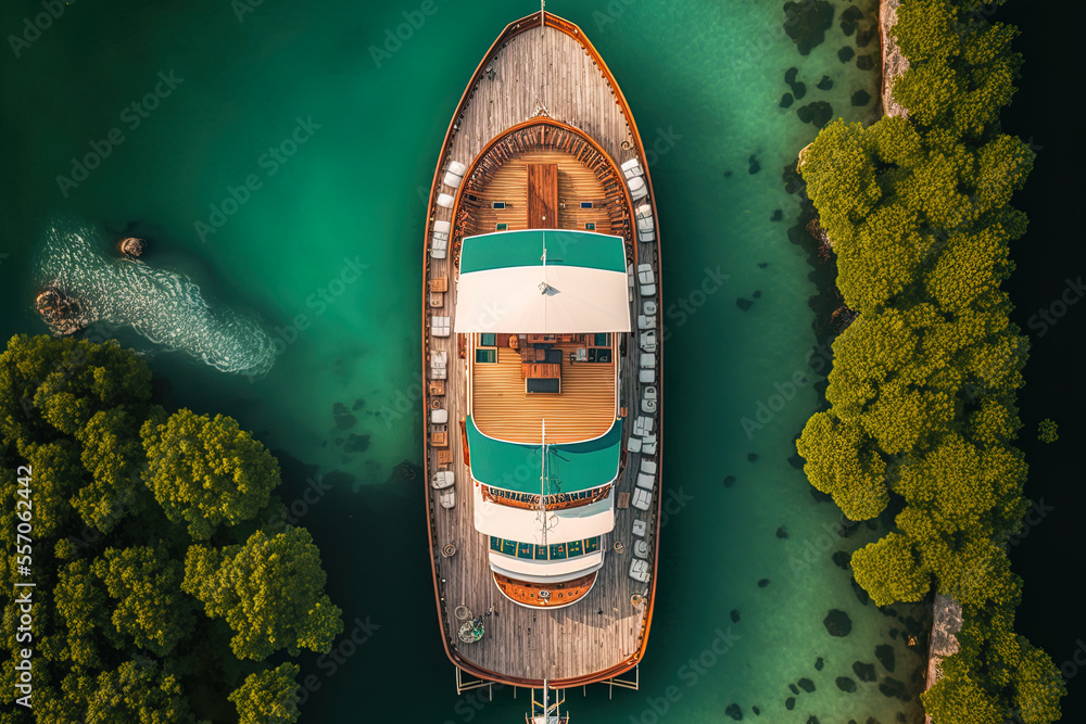 Aerial drone top down image shows a luxury boat with a wooden deck ...