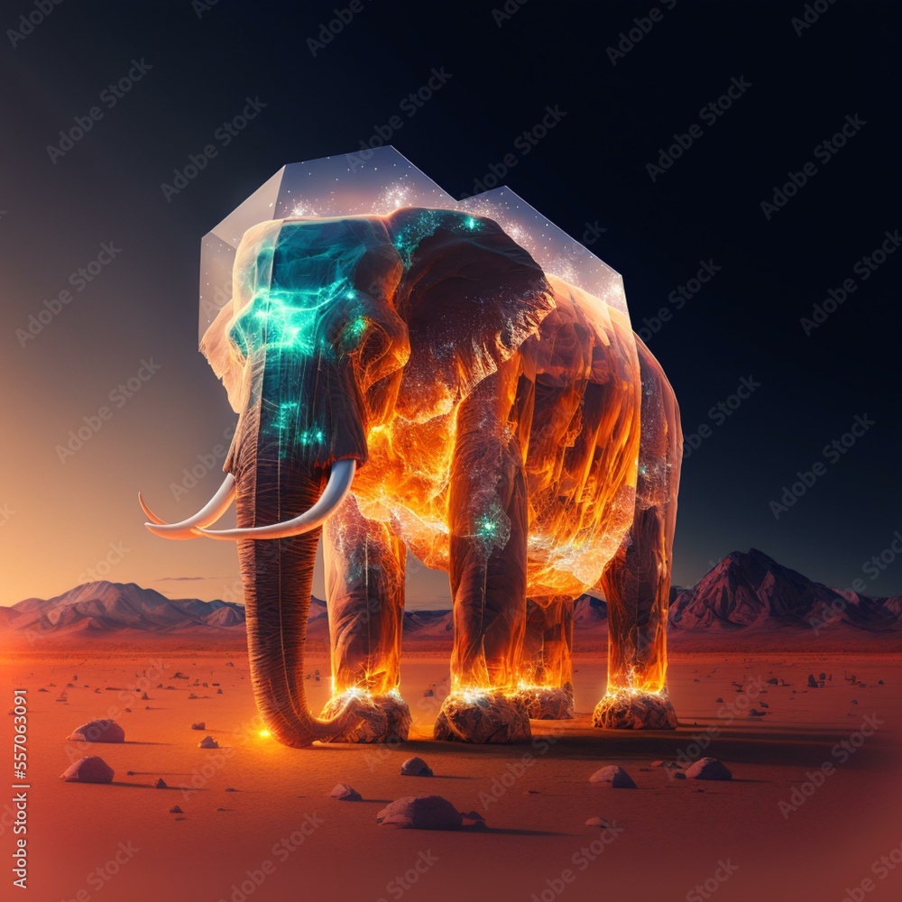 Giant Crystal Mammoth Filled With Fire in the Sahara desert by AI ...