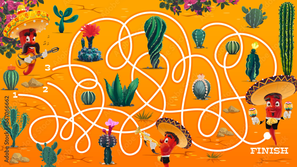 Vecteur Stock Labyrinth maze worksheet, Mexican mariachi and cactus ...