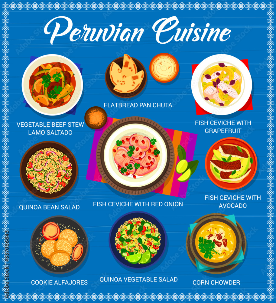 Peruvian cuisine vector menu, fish ceviche with meat vegetable food and ...