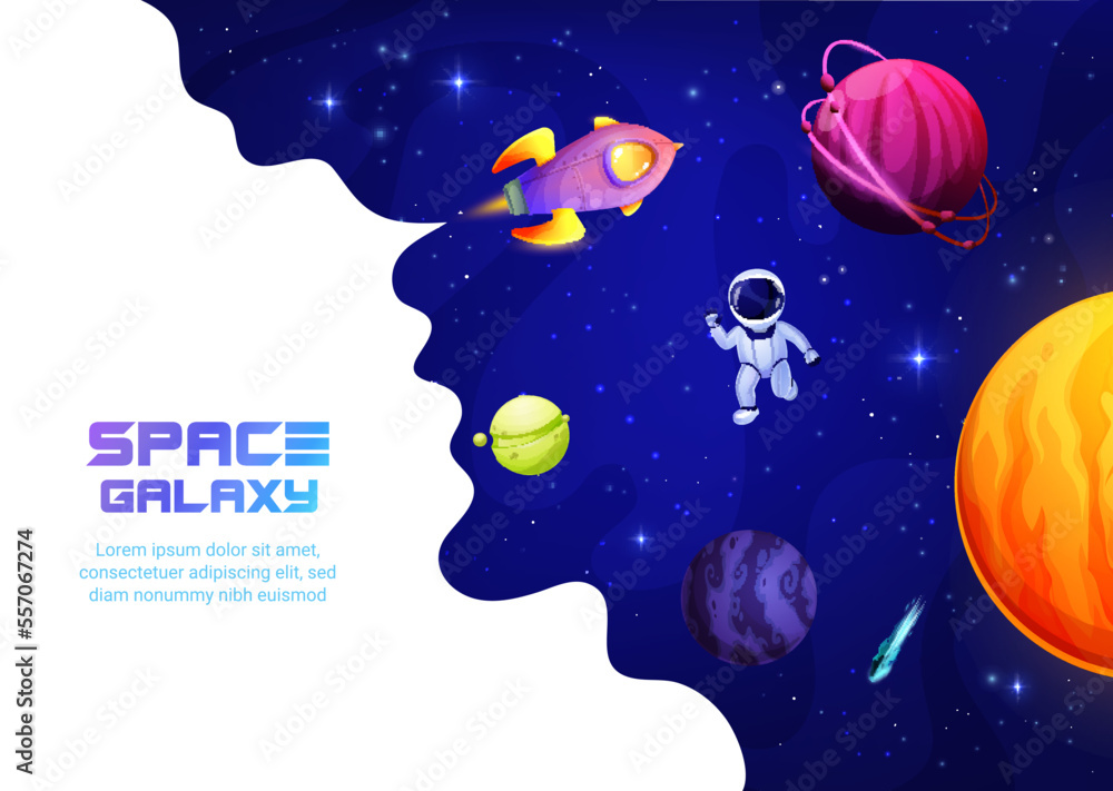 Space landing page. Astronaut and rocket spaceship in outer space ...