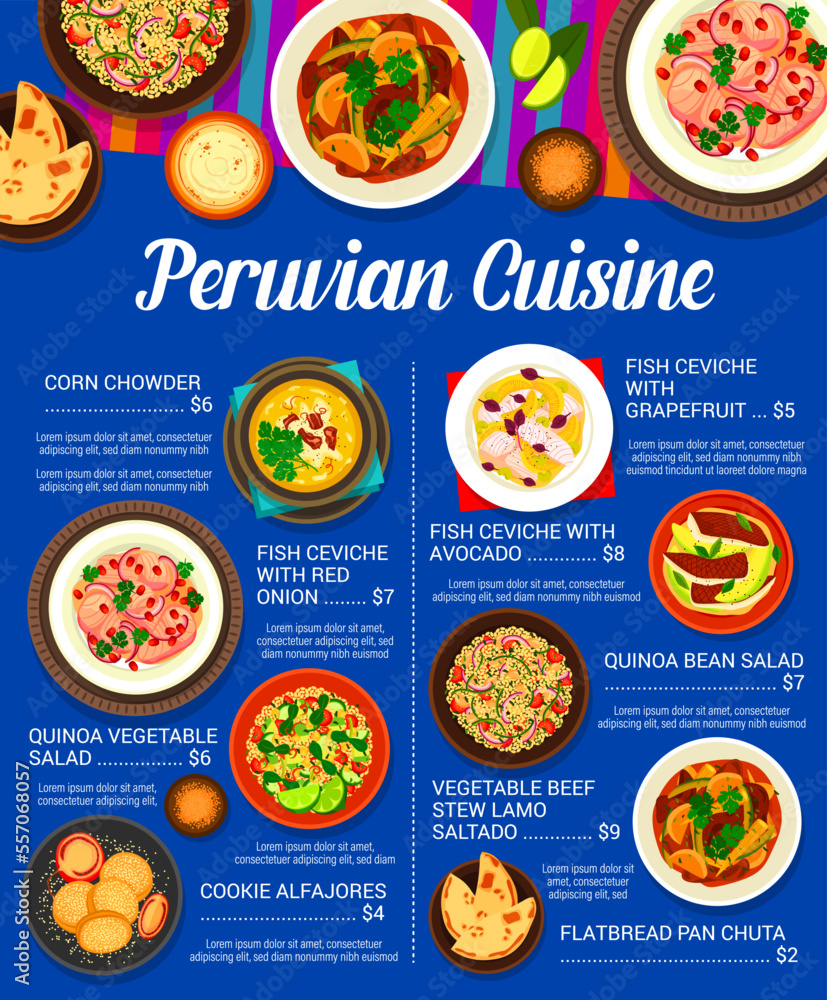 Vetor de Peruvian cuisine menu with vector fish, meat and vegetable ...
