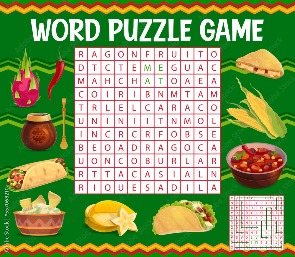 Mexican cuisine food. Word search puzzle game worksheet, vector quiz ...
