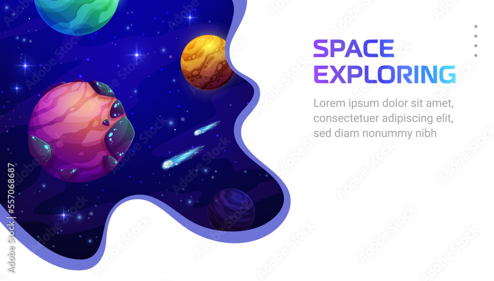 Space landing page, galaxy exploring paper cut space landscape. Cartoon ...