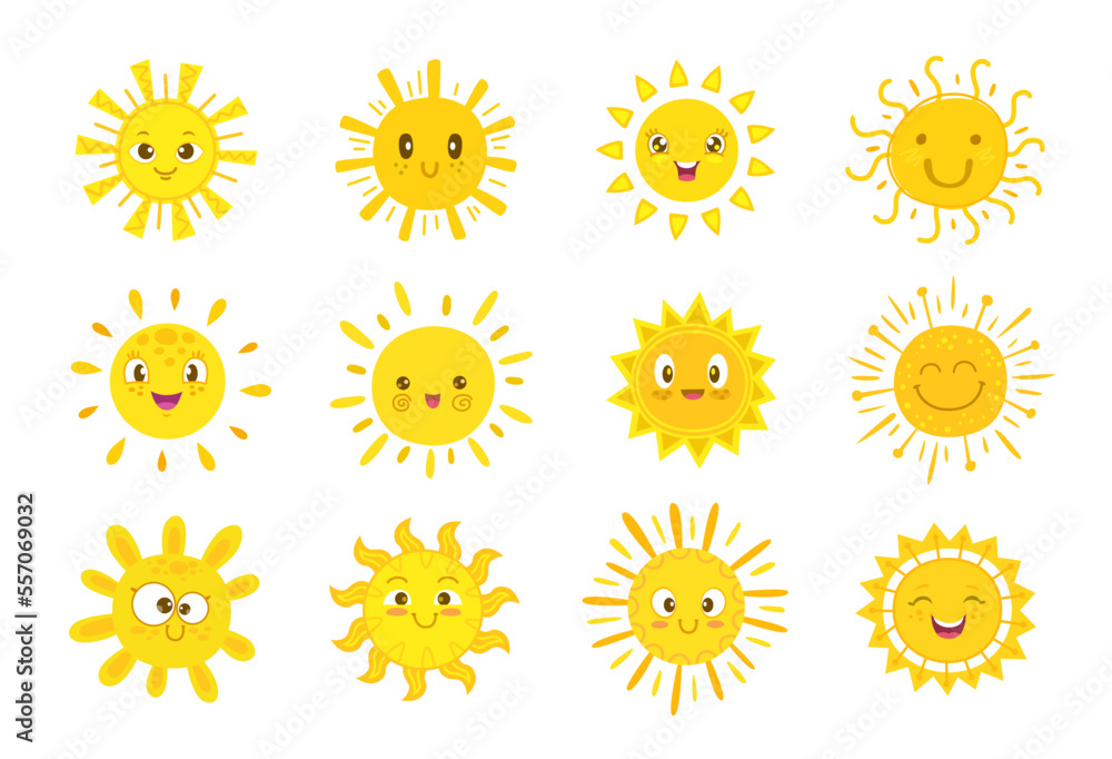 Sun characters, happy face and cartoon weather smile, summer sunshine ...