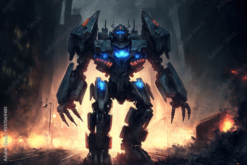 Transformer war robots in a metropolis of the future at night ...
