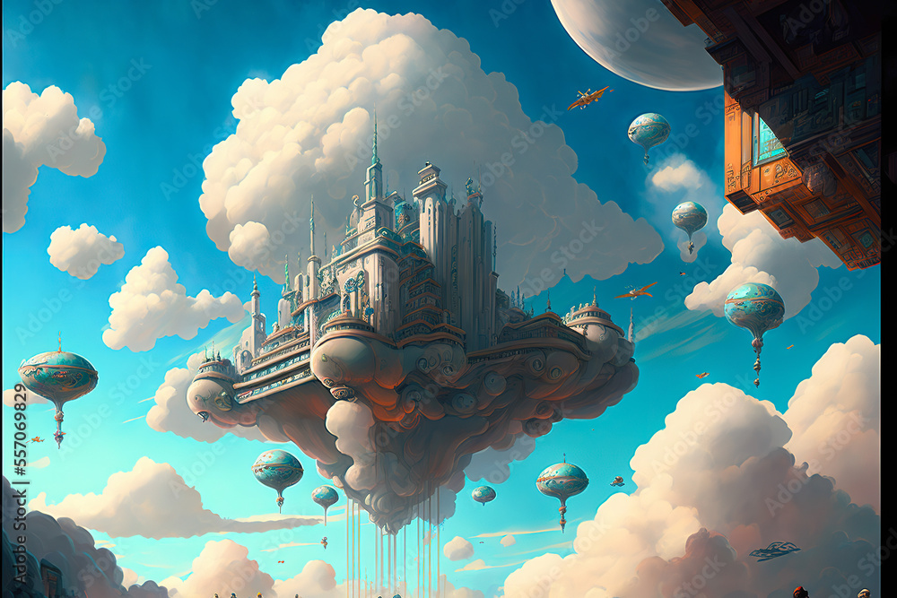 Fantasy illustration of futuristic buildings hovering in sky. Floating ...