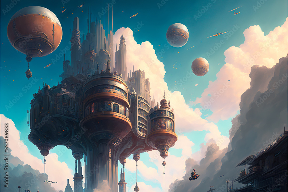 ภาพประกอบสต็อก A floating city in the clouds, with buildings and ...