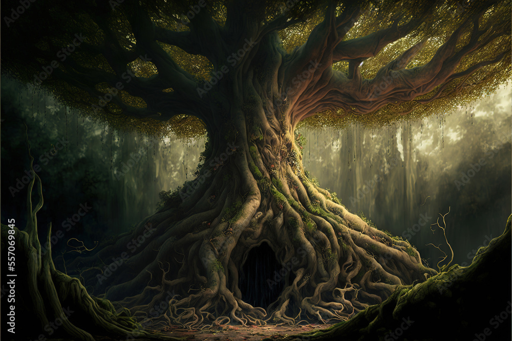Giant tree illustration with entrance in center, extensive root system ...